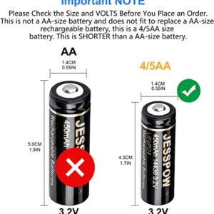 JESSPOW 14430 3.2 Volt Rechargeable Solar Battery with Charger, Rechargeable LiFePo4 Batteries [ 450mAh 3.2V 8Pack ] for Outdoor Garden Light, Solar Panel Light, Shaver, Flashlight (NOT AA Battery)