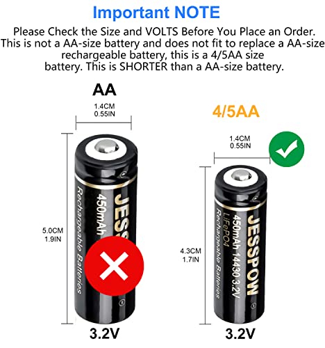 JESSPOW 14430 3.2 Volt Rechargeable Solar Battery with Charger, Rechargeable LiFePo4 Batteries [ 450mAh 3.2V 8Pack ] for Outdoor Garden Light, Solar Panel Light, Shaver, Flashlight (NOT AA Battery)