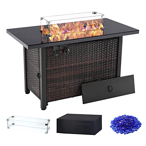 Outdoor Propane Gas Fire Pit Table, 43 Inch 50,000 BTU Auto-Ignition Propane Fire Pit Table, CSA Approved with Glass Wind Guard, Waterproof Cover, Lava Stone for Outdoor Garden/Patio.