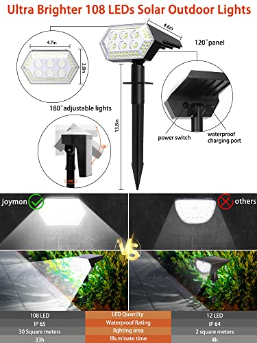 Joymon Solar Outdoor Lights, 108LED Solar Landscape Spotlights Lighting, 2-in-1 Waterproof Garden Solar Lights Outdoor Spot Lights for Yard Pathway Driveway Porch Patio Wall (Cold White/4 Pack)