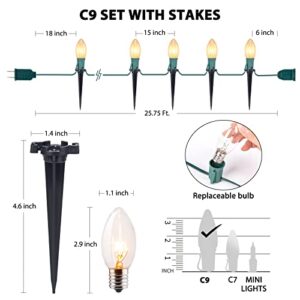 C9 Christmas Pathway String Lights Outdoor - 2 Pack 25.7 FT 20 Clear Lights with 20 Stakes, Connectable Waterproof Walkway Lights for Indoor Xmas Party Holiday Commercial Decoration, Warm White