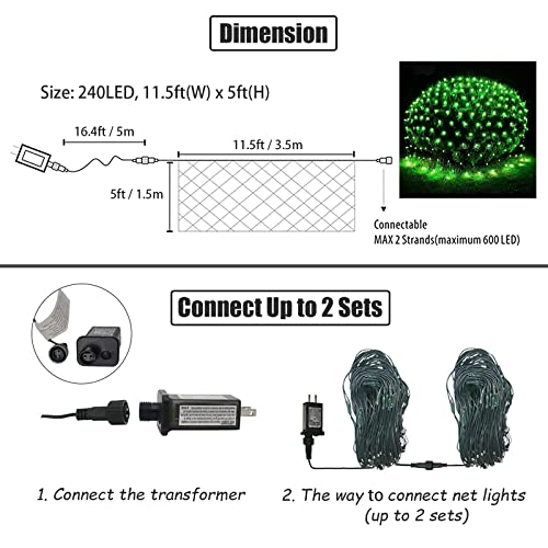 11.5ft x 5ft Solar Green Net Lights St Patricks Day Decorations, 240LED Outdoor Mesh Lights Waterproof 8 Mode with Remote 2 Power Supply String Lights for Bushes Trees Garden Wall Patio Indoor Decor