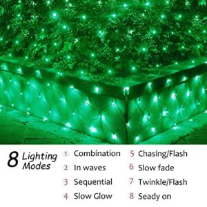 11.5ft x 5ft Solar Green Net Lights St Patricks Day Decorations, 240LED Outdoor Mesh Lights Waterproof 8 Mode with Remote 2 Power Supply String Lights for Bushes Trees Garden Wall Patio Indoor Decor