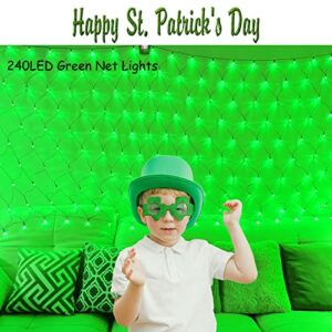 11.5ft x 5ft Solar Green Net Lights St Patricks Day Decorations, 240LED Outdoor Mesh Lights Waterproof 8 Mode with Remote 2 Power Supply String Lights for Bushes Trees Garden Wall Patio Indoor Decor