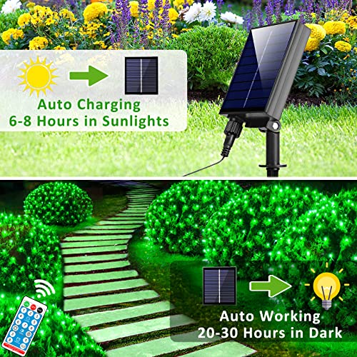 11.5ft x 5ft Solar Green Net Lights St Patricks Day Decorations, 240LED Outdoor Mesh Lights Waterproof 8 Mode with Remote 2 Power Supply String Lights for Bushes Trees Garden Wall Patio Indoor Decor