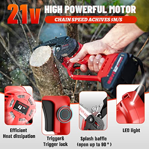 Mini Chainsaw Cordless - 4 inch Handheld Mini Electric Chainsaw, Portable Battery Powered Chain Saws for Tree trimming Branch Wood Cutting（2 Batteries and 2 Chains）