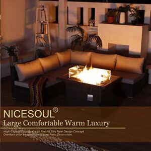 NICESOUL® Luxury High Back Extra Large Size PE Wicker Patio Furniture Sectionals 6 Pcs Outdoor Couch Sets with Fire Pit Table CSA Approved Espresso