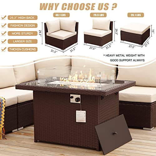 NICESOUL® Luxury High Back Extra Large Size PE Wicker Patio Furniture Sectionals 6 Pcs Outdoor Couch Sets with Fire Pit Table CSA Approved Espresso