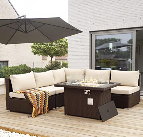 NICESOUL® Luxury High Back Extra Large Size PE Wicker Patio Furniture Sectionals 6 Pcs Outdoor Couch Sets with Fire Pit Table CSA Approved Espresso