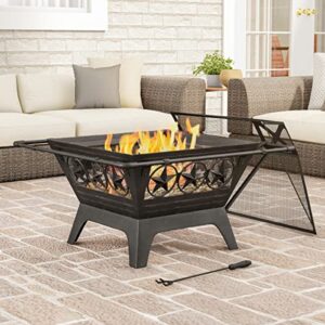 Pure Garden 50-LG1203 32” Outdoor Deep Fire Pit-Square Large Steel Bowl with Star Design, Mesh Spark Screen, Log Poker & Storage Cover-Patio Wood Burning, Black