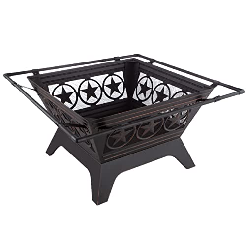 Pure Garden 50-LG1203 32” Outdoor Deep Fire Pit-Square Large Steel Bowl with Star Design, Mesh Spark Screen, Log Poker & Storage Cover-Patio Wood Burning, Black