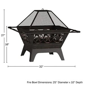 Pure Garden 50-LG1203 32” Outdoor Deep Fire Pit-Square Large Steel Bowl with Star Design, Mesh Spark Screen, Log Poker & Storage Cover-Patio Wood Burning, Black