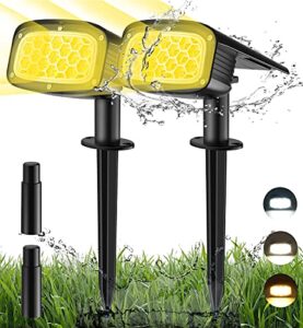 solar spotlight, 34 leds solar landscape lighting, ip67 waterproof solar lights & 3 modes solar powered spotlights, dark sensing auto on/off for yard garden walkway and pool 2 pack