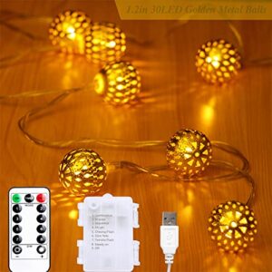 anlaibao moroccan string lights, 17ft 30 led big metal globe lights with remote timer,indoor outdoor battery operated & usb powered,gold ball warm white fairy light for bedroom garden party decoration