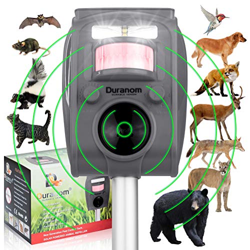 DURANOM Wild Animal Repeller Outdoor - Solar Ultrasonic and Audio Motion Sensor - Strobe Flashing Light Deer Repellent