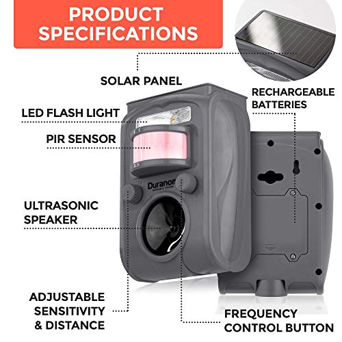 DURANOM Wild Animal Repeller Outdoor - Solar Ultrasonic and Audio Motion Sensor - Strobe Flashing Light Deer Repellent