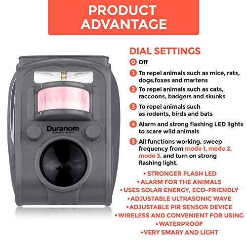 DURANOM Wild Animal Repeller Outdoor - Solar Ultrasonic and Audio Motion Sensor - Strobe Flashing Light Deer Repellent