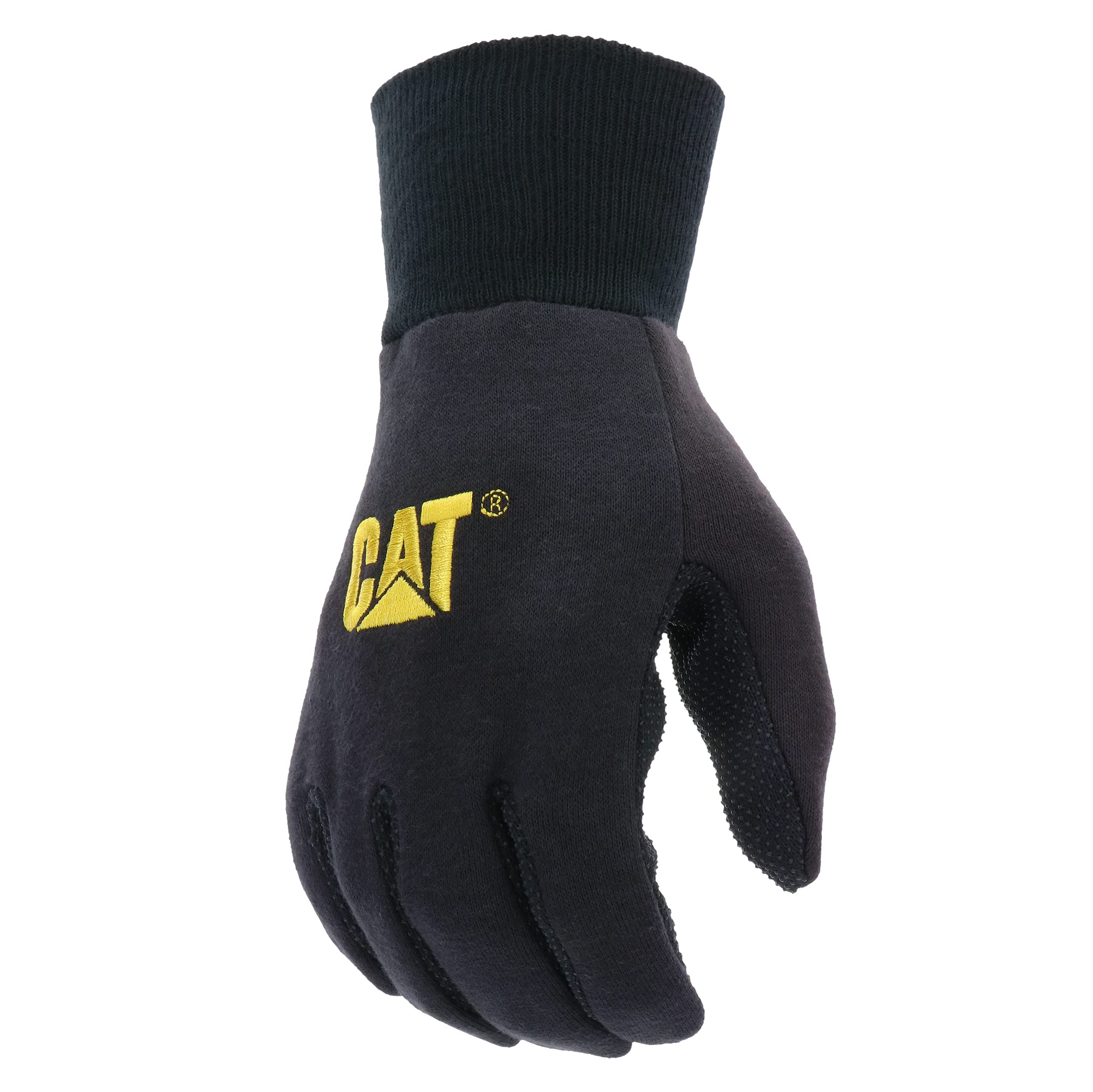 Cat® CAT015400L Cotton Jersey Work Gloves – Black, Large, Breathable, Gunn-Cut PVC Micro Dot Palm Gloves with Knit Wrists