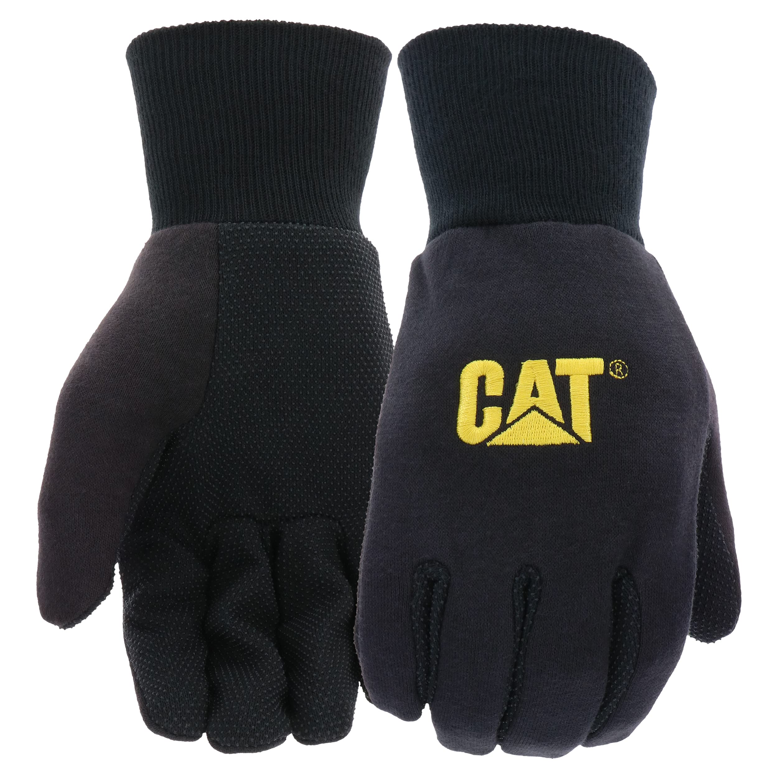 Cat® CAT015400L Cotton Jersey Work Gloves – Black, Large, Breathable, Gunn-Cut PVC Micro Dot Palm Gloves with Knit Wrists