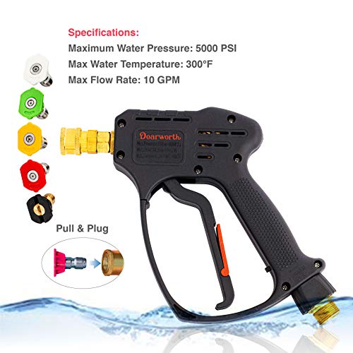 Dearworth High Pressure Washer Gun – Power Washer Gun with 360° Swivel – 5000PSI Pressure Washer Handle – Power Washer Accessories with 5 Nozzle Tips, 3/8 Quick Connect Outlet and Cleaning Mitt