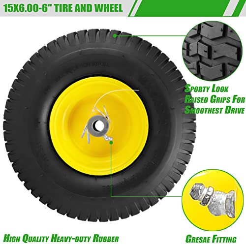 15x6.00-6 Lawn Mower Tires with Wheel,Front Tire Assembly Replacement for John Deere,Craftsman,Cub Cadet and More Lawn &Garden Riding Mower,4 Ply Tubeless,570lbs Capacity,3" Offset Hub