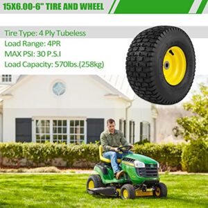 15x6.00-6 Lawn Mower Tires with Wheel,Front Tire Assembly Replacement for John Deere,Craftsman,Cub Cadet and More Lawn &Garden Riding Mower,4 Ply Tubeless,570lbs Capacity,3" Offset Hub