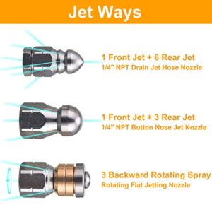 PWACCS Sewer Jetter Nozzle for Pressure Washer, Stainless Steel Drain Cleaning Tips for Power Washer, 3 Pieces, Button Nose Jet Nozzle, Rotating Flat Jetting Nozzle and Drain Jet Hose Nozzle, 5000 psi