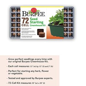 Burpee Greenhouse Indoor Starting Herbs, Flowers and Vegetables | Includes Dome, Watering, Seed Starter Tray, Coir Pellets | 10" W x 20" L x 5" H, One Size, 1 Kit (72 Cells)