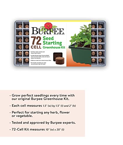 Burpee Greenhouse Indoor Starting Herbs, Flowers and Vegetables | Includes Dome, Watering, Seed Starter Tray, Coir Pellets | 10" W x 20" L x 5" H, One Size, 1 Kit (72 Cells)