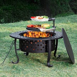 papajet 36 inch fire pit with 2 grill, outdoor wood burning firepit with lid, metal round table for backyard patio garden picnic camping bonfire