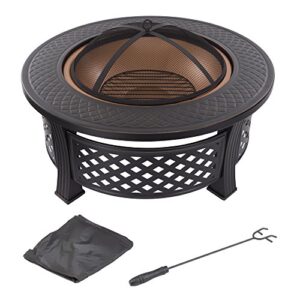 fire pit set, wood burning pit – includes spark screen and log poker – great for outdoor and patio, 32” round metal firepit by pure garden