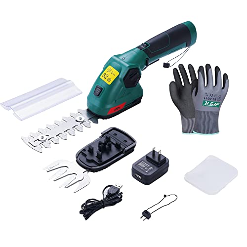 Dextra 2 in 1 Cordless Grass Shear & Hedge Trimmer with Gardening Gloves, 8V Electric Handheld Shrubber Trimmer Grass Cutter with 2000mAh Rechargeable Lithium-ion Battery&Charger, 45min Fast Charge