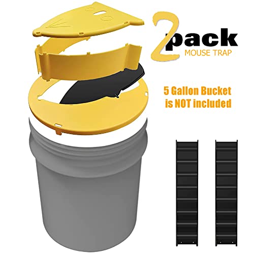 Pack 2 Bucket Lid Mouse Rat Trap, Bucket Lid Mouse Trap, Humane or Lethal, Trap Door Style, Multi Catch, Auto Reset, Indoor Outdoor, No See Kill, 5 Gallon Bucket Compatible