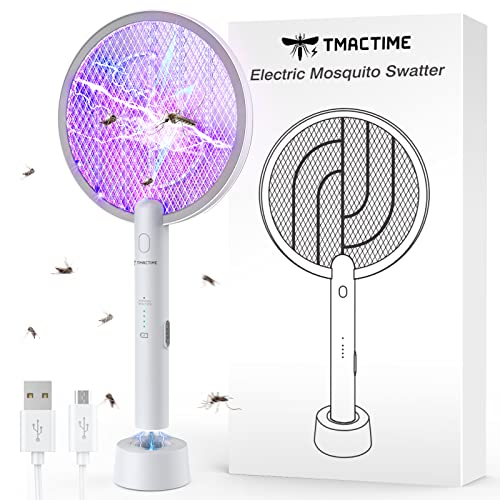 TMACTIME Electric Fly Swatter 4000V Bug Zapper Racket 2 in 1 Fly Zapper with USB Rechargeable Base and 3-Layer Safety Mesh for Bedroom Kitchen Patio and Outdoors