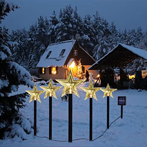 Folomie Solar Pathway Lights Outdoor Waterproof, Warm White Star Christmas Pathway Lights, 5 Pack Outdoor Landscape Stake Lights for Garden Patio Yard Christmas Decorations(Star)