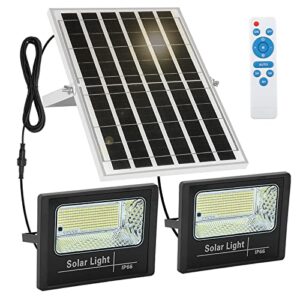 lvemiz 2-pack 300w solar flood lights outdoor with remote, dual 287 leds dusk to dawn auto on/off 24000lm ip66 waterproof 16.4ft cables perfect for barn, warehouse, yard, garden