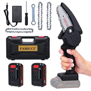 mini chainsaw cordless, famicci 4-inch battery chainsaw, small electric saw, rechargeable portable one-hand power chain saws for tree trimming/wood cutting/branch pruning (24v 2 batteries + 3 chains)