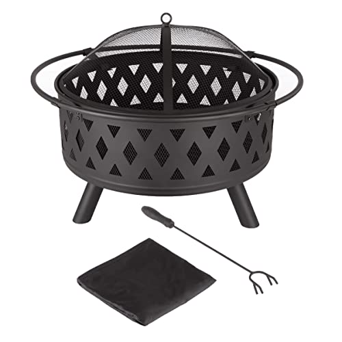 Fire Pit Set, Wood Burning Pit - Includes Screen, Cover and Log Poker - Great for Outdoor and Patio, 32 inch Round Crossweave Firepit by Pure Garden