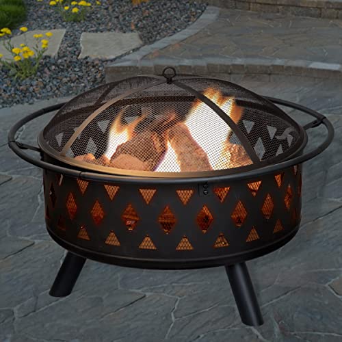 Fire Pit Set, Wood Burning Pit - Includes Screen, Cover and Log Poker - Great for Outdoor and Patio, 32 inch Round Crossweave Firepit by Pure Garden