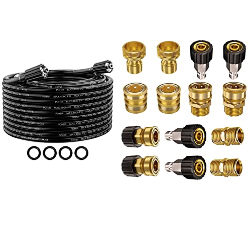 POHIR Pressure Washer Hose 25FT, Kink Resistant Power Washer Hose 1/4 Inch x 25 Feet with M22 14MM Swivel, Pressure Washer Garden Water Hose Adapter 14 Pack Full Set, Power Washer Kit