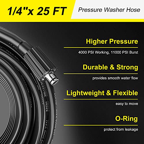 POHIR Pressure Washer Hose 25FT, Kink Resistant Power Washer Hose 1/4 Inch x 25 Feet with M22 14MM Swivel, Pressure Washer Garden Water Hose Adapter 14 Pack Full Set, Power Washer Kit