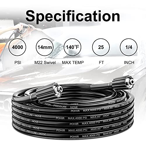 POHIR Pressure Washer Hose 25FT, Kink Resistant Power Washer Hose 1/4 Inch x 25 Feet with M22 14MM Swivel, Pressure Washer Garden Water Hose Adapter 14 Pack Full Set, Power Washer Kit