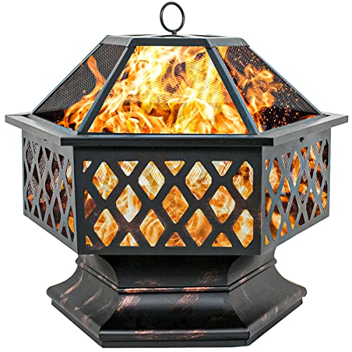 F2C Hex-Shaped Fire Pit for Garden 24 Inch Wood Burning Bonfire Firebowl Outdoor Portable Steel Firepit with Flame-Retardant Mesh Lid for Patio Backyard Garden Beach Camping Picnic