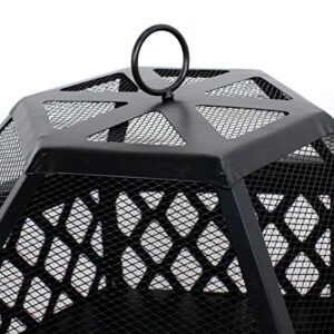 F2C Hex-Shaped Fire Pit for Garden 24 Inch Wood Burning Bonfire Firebowl Outdoor Portable Steel Firepit with Flame-Retardant Mesh Lid for Patio Backyard Garden Beach Camping Picnic