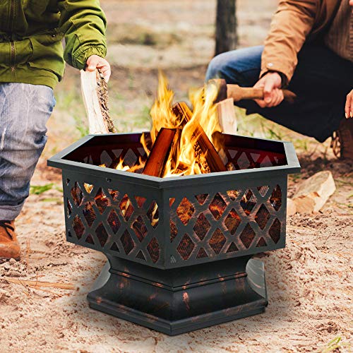 F2C Hex-Shaped Fire Pit for Garden 24 Inch Wood Burning Bonfire Firebowl Outdoor Portable Steel Firepit with Flame-Retardant Mesh Lid for Patio Backyard Garden Beach Camping Picnic