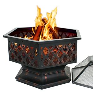 F2C Hex-Shaped Fire Pit for Garden 24 Inch Wood Burning Bonfire Firebowl Outdoor Portable Steel Firepit with Flame-Retardant Mesh Lid for Patio Backyard Garden Beach Camping Picnic