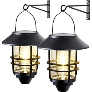 solar lantern outdoor lights,hanging solar lights,solar lanterns metal waterproof clear glass & hook solar outdoor lights, wall lights fixture solar garden lights for porch, fence,yard 2 pack