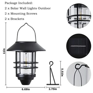 Solar Lantern Outdoor Lights,Hanging Solar Lights,Solar Lanterns Metal Waterproof Clear Glass & Hook Solar Outdoor Lights, Wall Lights Fixture Solar Garden Lights for Porch, Fence,Yard 2 Pack