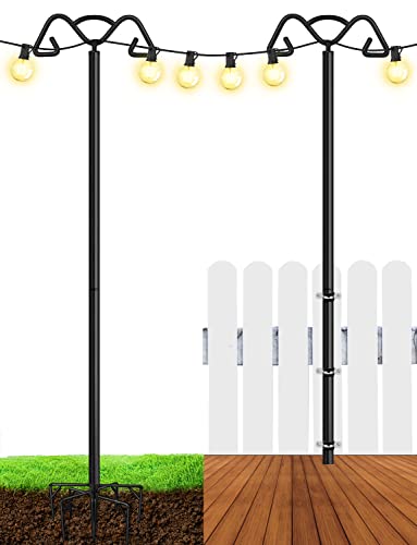 Karjoefar String Light Poles for Outside, 9FT Metal Poles for Outdoor String Lights, Patio Light Pole with 7-Prong and 2 Hooks for Backyard Garden Bistro Deck Party Holiday - 2Pack