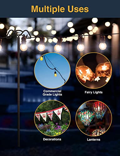 Karjoefar String Light Poles for Outside, 9FT Metal Poles for Outdoor String Lights, Patio Light Pole with 7-Prong and 2 Hooks for Backyard Garden Bistro Deck Party Holiday - 2Pack